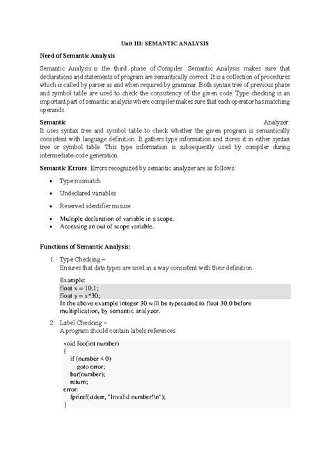 Cd Unit 3 Semantic Analysis Notes For Compiler Design Studocu