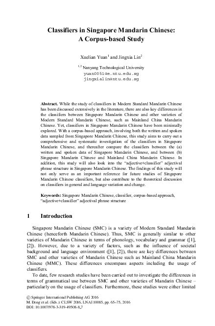 Pdf Classifiers In Singapore Mandarin Chinese A Corpus Based Study