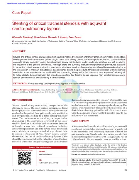 Pdf Stenting Of Critical Tracheal Stenosis With Adjuvant Cardio