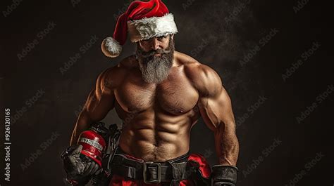 Sexy Shirtless And Muscular Santa As A Firefighter Posing On A Plain