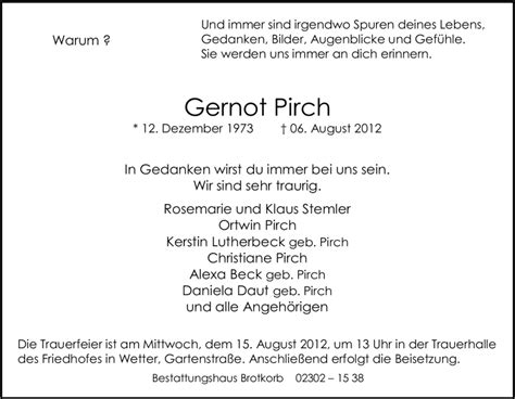 Traueranzeigen Von Gernot Pirch Trauer In Nrwde