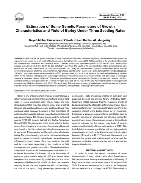 Pdf Estimation Of Some Genetic Parameters Of Growth Characteristics And Yield Of Barley Under