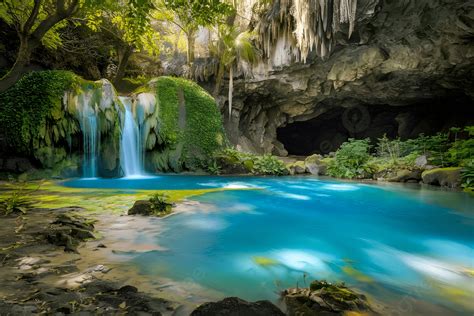 Stunning Cave Entrance With Tropical Waterfall And Ethereal Blue Pond