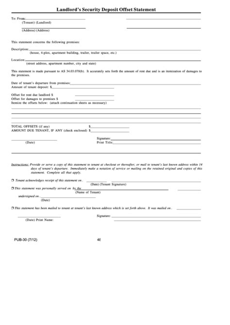 Landlords Security Deposit Offset Statement Printable Pdf Download