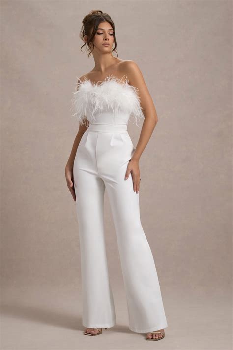 First Class White Bandeau Feather Wide Leg Jumpsuit Club L London