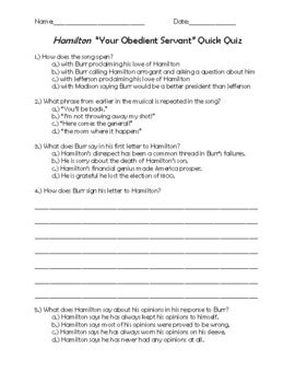 Your Obedient Servant Hamilton Quick Quiz By Teacher Chips School Store