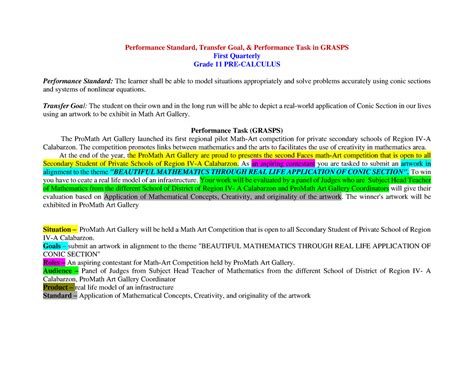 Pre Calculus Performance Task Performance Standard Transfer Goal