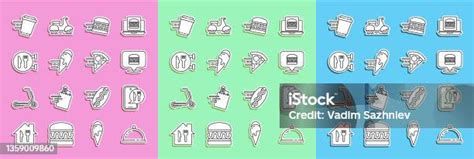 세트 라인 음식 온라인 주문 및 배달 햄버거 아이스크림 카페 레스토랑 위치 커피 컵 가서 피자 아이콘의 트레이와 덮여 벡터