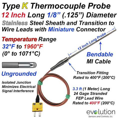 Type K Thermocouple 12 Long 18 Diameter With Leads And Connector