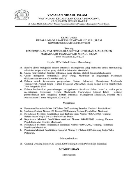 Pembentukan Tim Sim Mts Nidaul Islam 2024 Pdf