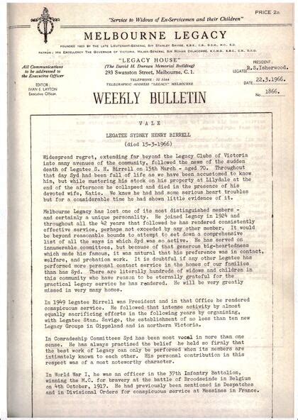 Article Bulletin Vale Legatee Sydney Henry Birrell 1966