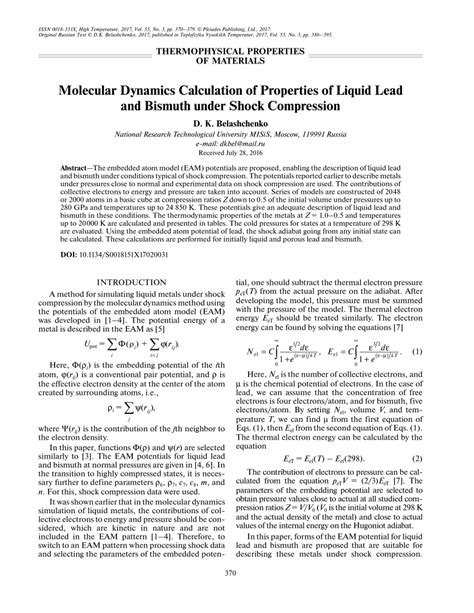 Pdf Molecular Dynamics Calculation Of Properties Of Liquid Lead And