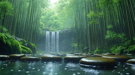 Tranquil Waterfall And Stepping Stones In A Misty Bamboo Forest Premium Ai Generated Image