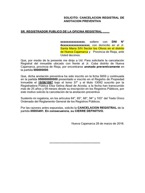 Cancelacion De Anotacion Preventiva Pdf