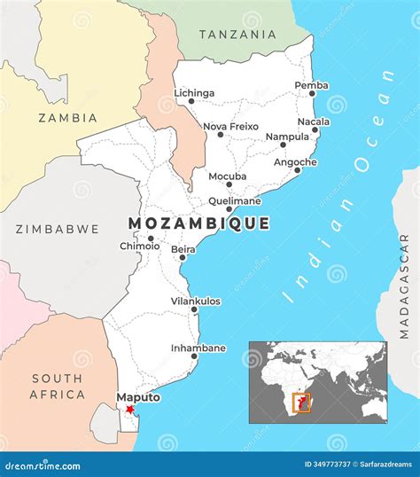 Mozambique Political Map And Capital Maputo With National Borders And
