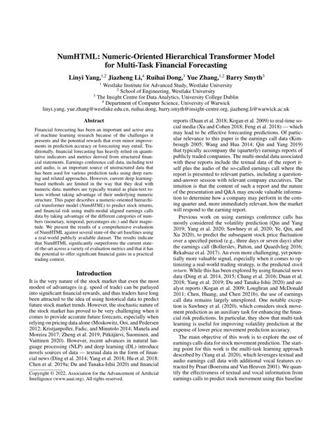 Pdf Numhtml Numeric Oriented Hierarchical Transformer Model For Multi Task Financial Forecasting