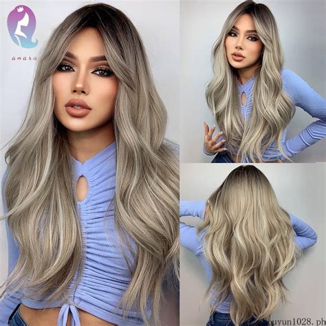 Wig For Woman Long Wavy Curly Bangs Wig Gradient Silver Gray Full Head
