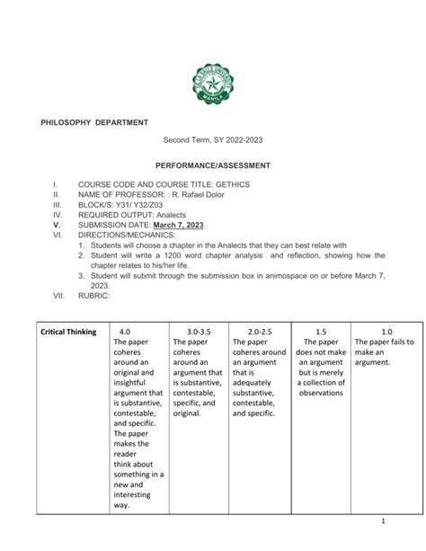 Gethics Course Assessment Analects Analysis