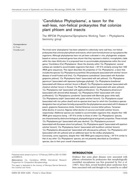 Pdf Candidatus Phytoplasma A Taxon For The Wall Less Non Helical Prokaryotes That Colonize