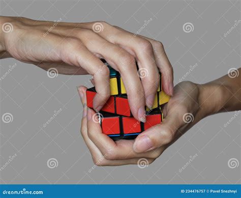Rubik S Cube In Female Hands On Grey Background Editorial Photography Image Of Problem Hand
