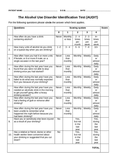 Audit U S Alcohol Use Disorders Identification Test Doc Template