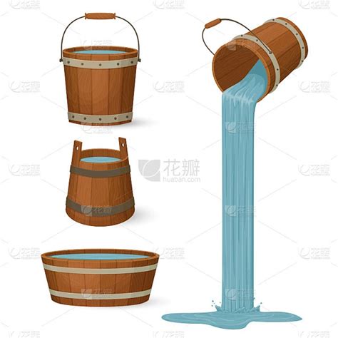 木桶和装满水的浴缸。液体喷洒。卡通风格的插图。向量。素材 花瓣网