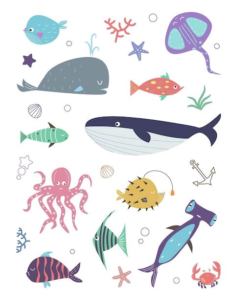 Grande Conjunto De Animais Marinhos Muitos Peixes Diferentes Vida Marinha Mundo Submarino