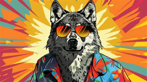 Cool Wolf Wearing Sunglasses And Floral Jacket Against A Colorful Background Of Exploding