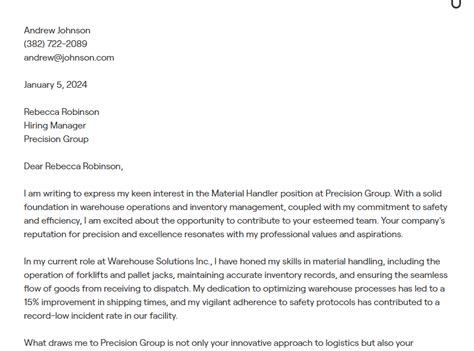 1 Material Handler Cover Letter Examples With In Depth Guidance