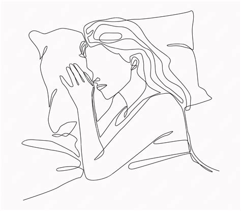 Girl Sleeping In Bed Line Art Drawing Vector Illustration Premium Ai