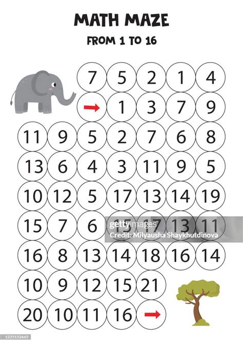 Math Maze With Cute Cartoon Elephant And Safari Tree High Res Vector
