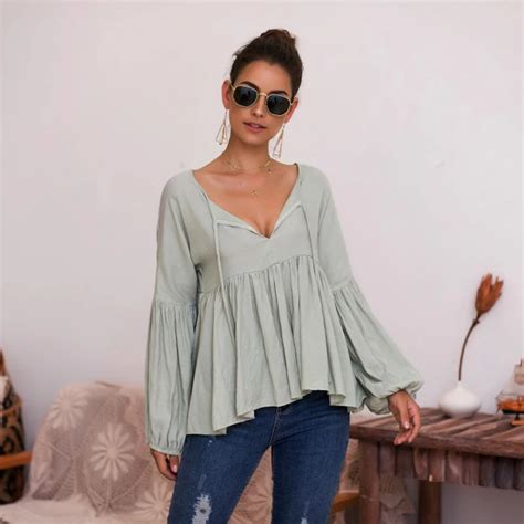 여성 탑스 가을 겨울 블라우스 섹시한 V 넥 롱 퍼프 슬리브 솔리드 컬러 스플 라이스 루스 패션 숙녀 탑스블라우스 And 셔츠