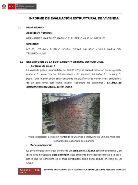 Informe De Evaluacion Estructural De Vivienda Pdf Cemento Fundación Ingeniería