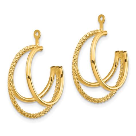 14k Yellow Gold Triple Hoop Earring Jackets With Polished And Textured
