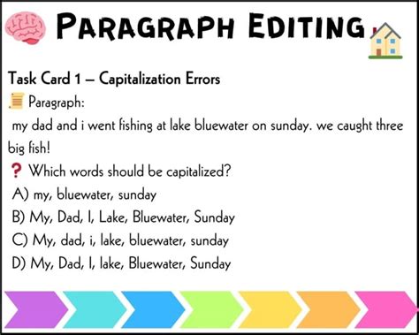 Paragraph Editing Task Cards Worksheets Grammar Capitalization