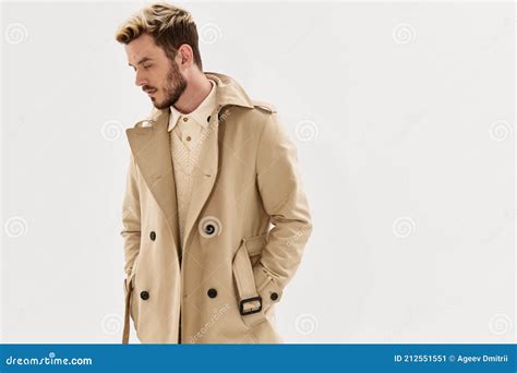 Man In Coat Hands In Pocket Side View Hairstyle Modern Style Stock
