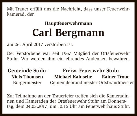 Traueranzeigen Von Carl Bergmann Trauer Kreiszeitung De