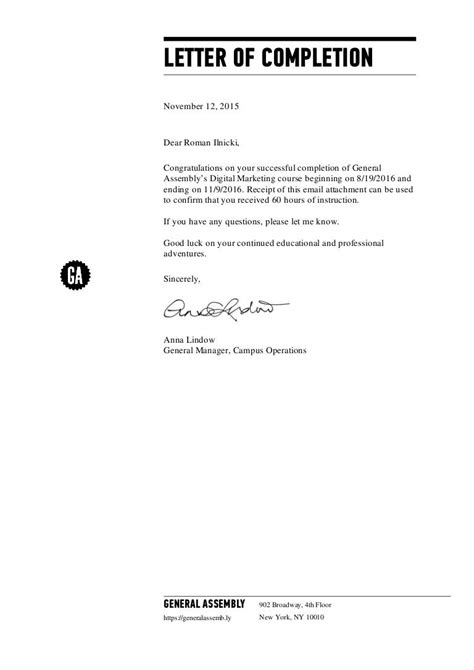 Construction Letter Of Completion Template