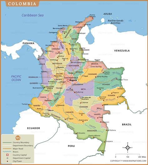 Map Of Colombia With Major Cities And Departments And Capitals