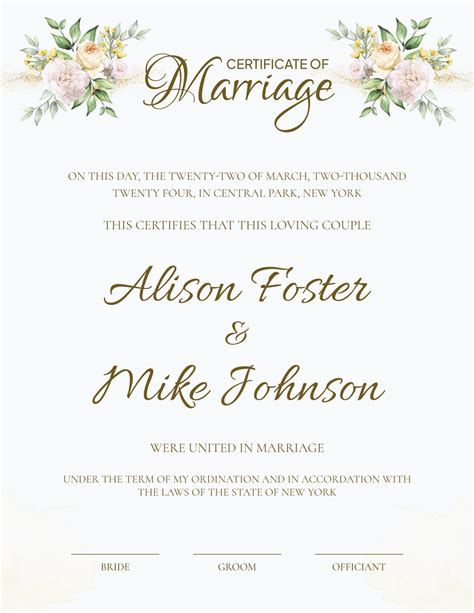 Serenity Floral Wedding Certificate Template Portrait Wordlayouts