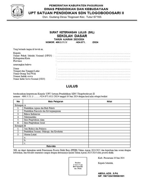 Contoh Format Skl Sd 1 Pdf