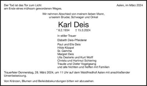 Traueranzeigen Von Karl Deis Schwaebischede Trauerportal