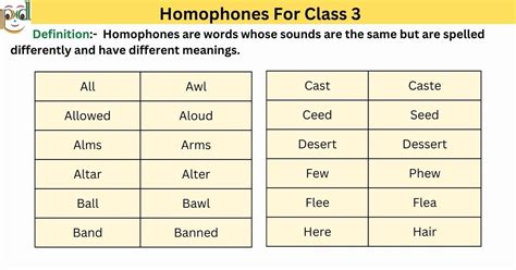 Homophones For Class 3 Examples Worksheet And Pdf