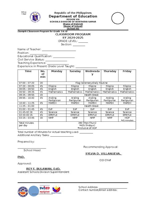 Sample Classroom Program For Grade 5 And 6 Schoo L Seal Republic Of The