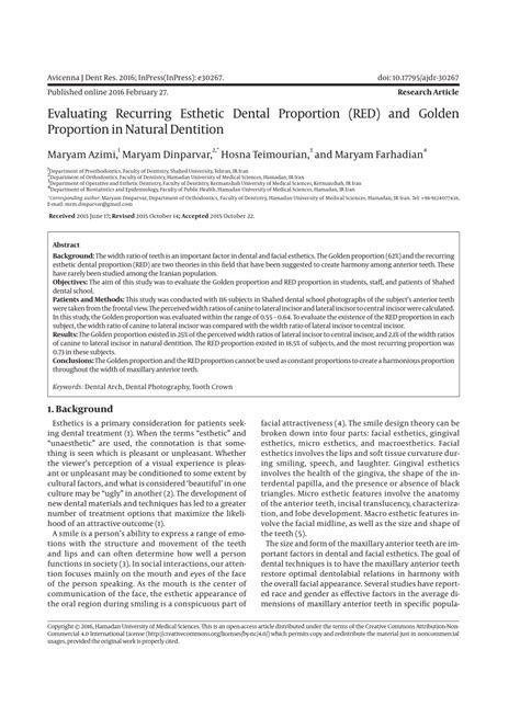 Pdf Evaluating Recurring Esthetic Dental Proportion Red And Golden