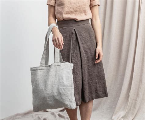 Large Linen Bag Natural Shopping Bag With Inside Pocket Linen Tote