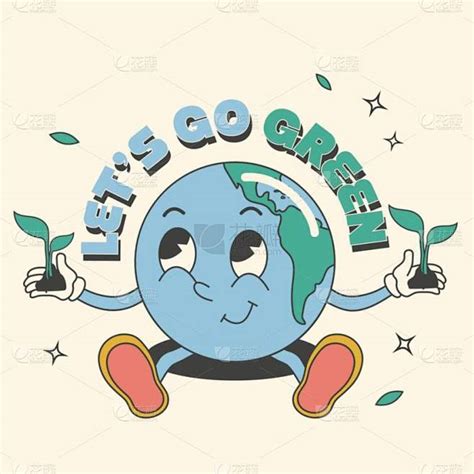 Y2k可爱的地球日漫画海报，卡片。环境保护。拯救绿色星球和生态概念