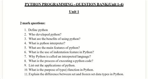 Python Programming Question Bankunit 1 4 Unit 1 2 Mark Questions De