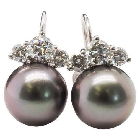 18k White Gold “mikimoto” Tahitian Pearl And Diamond Earrings For Sale