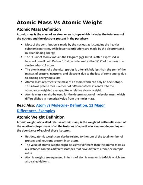 Physcial Chem Atomic Mass Vs Atomic Weight Atomic Mass Vs Atomic Weight Atomic Mass De昀椀ni琀椀on